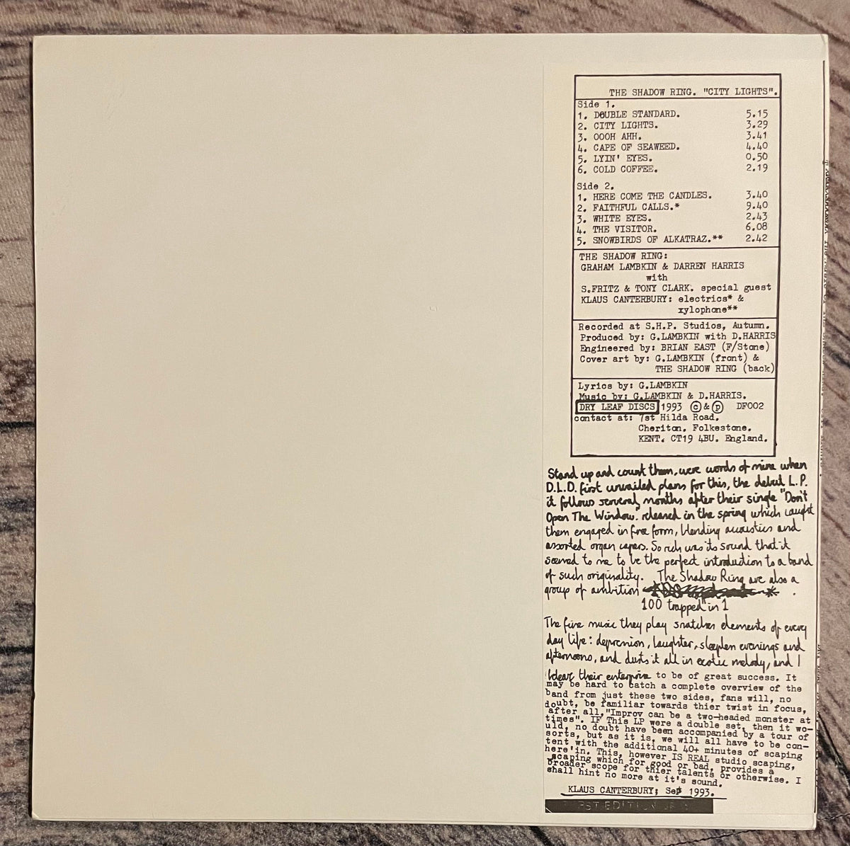 The Shadow Ring – City Lights – Galapagos Records