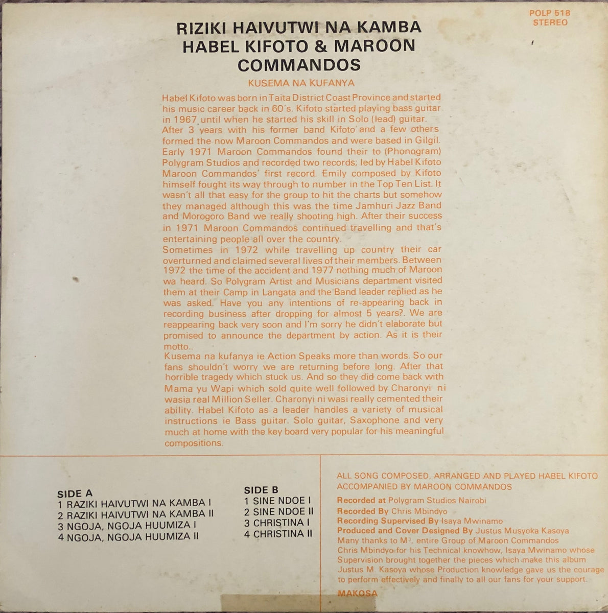 Habel Kifoto & Maroon Commandos ‎– Riziki Haivutwi Na Kamba – Galapagos ...